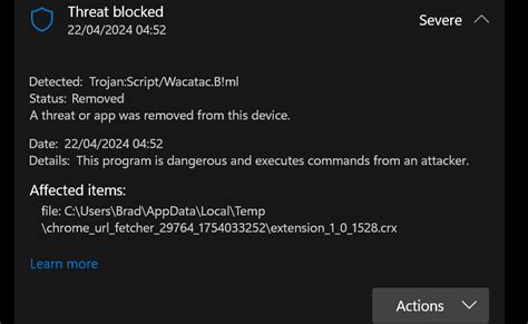 trojan script wacatac b ml in appdata local temp chrome url fetcher