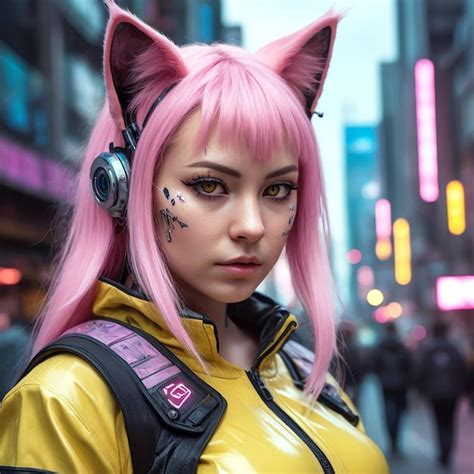 Premium Photo Close Up Portrait Photograph Of A Cyberpunk Catgirl