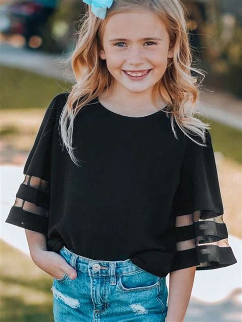 tween girl solid mesh insert butterfly sleeve blouse shein usa