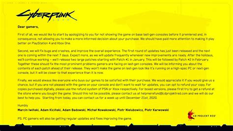 Cd Projekt Red Apologizes To Console Gamers For Buggy Cyberpunk 2077