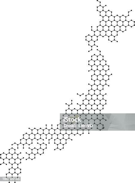 일본은 추상적 인 미래 육각 형 모양 선 포인트 블랙 벌집 또는 분자 구조의 형태에서지도 벡터 그림입니다 육각형에 대한 스톡