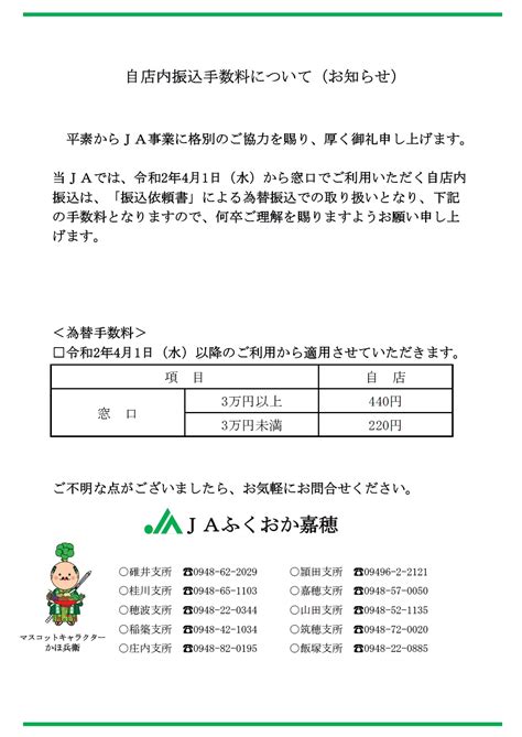 自店内振込手数料についてお知らせ 公式JAふくおか嘉穂 JAバンクローンはこちら
