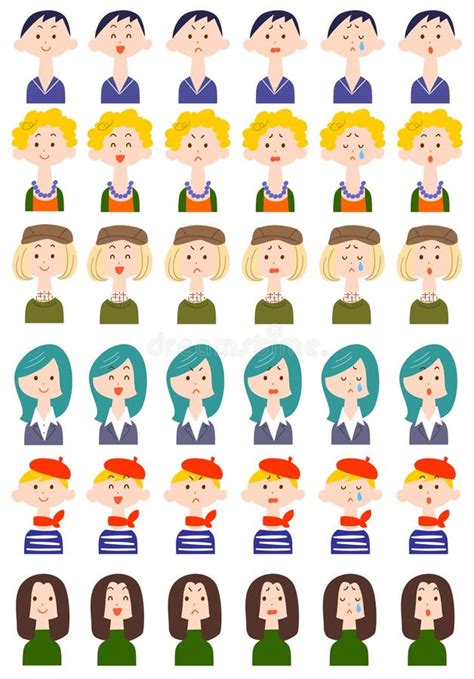 6 Types Of Facial Expressions Of A Woman Wearing A Checkered Shirt Upper Body Stock Vector