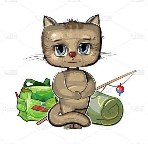 有趣可爱的小猫宝宝他要求带他去钓鱼背包里有钓竿天真的动物的孩子卡通平的风格对儿童插图隔离
