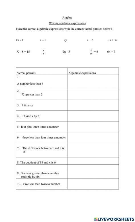 Writing Algebraic Expressions Worksheet Writing Algebraic Expressions Algebraic Expressions
