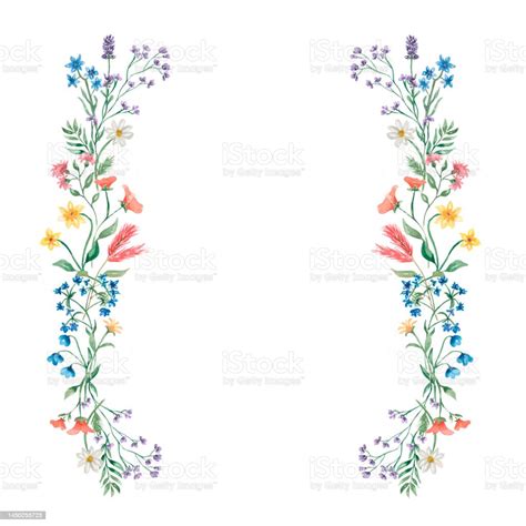 손으로 그린 수채화 봄과 여름 꽃 화환 그림 결혼식 생일 초대장을 위한 야생화 화환 프레임 초원 허브 클립 아트 꽃꽂이 야생화에