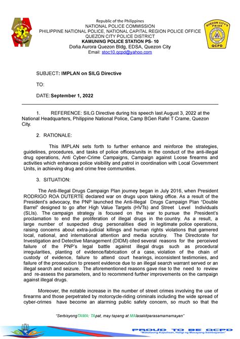 Station Implan On Silg Directive Republic Of The Philippines National Police Commission