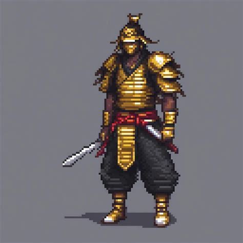 Samurai In Pixel Art Wielding A Sword With Traditional Japanese Attire