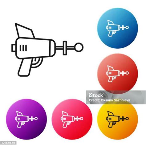 흰색 배경에 격리 된 검은 선 레이 총 아이콘입니다 레이저 무기 우주 블래스터 아이콘 다채로운 원 버튼을 설정합니다 벡터 일러스트레이션 과학에 대한 스톡 벡터 아트 및 기타