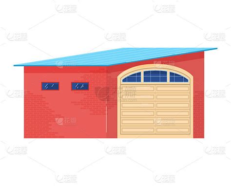 当代固体车库，漂亮的门，建筑储存运输，卡通风格矢量插图，孤立在白色。