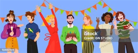 생일 파티에서 즐거운 시간을 보내는 행복한 만화 사람들 휴일을 축하하는 촛불이 있는 케이크가 있는 친구 캐릭터의 컨셉 포스터 웃는 축제 남성과 여성의 컬렉션입니다 플랫 벡터