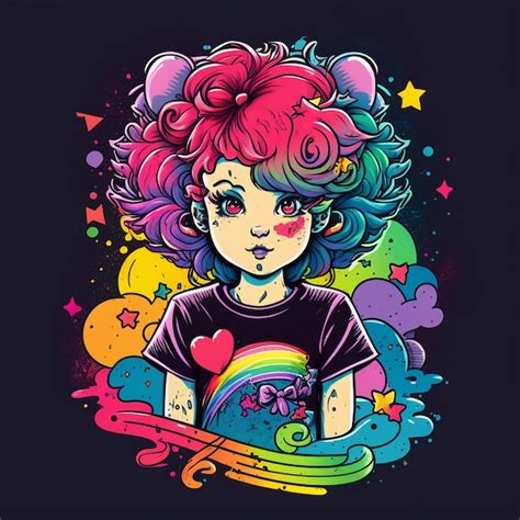 Um desenho animado de uma garota cabelo arco íris e arco íris na