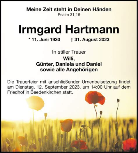 Traueranzeigen Von Irmgard Hartmann Trauerportal Ihrer Tageszeitung