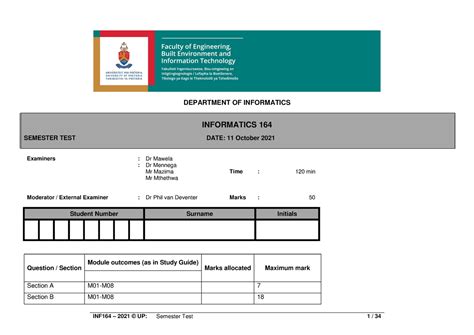 Inf164 2021 Semester Test Memo V4 Department Of Informatics Informatics 164 Semester Test Date