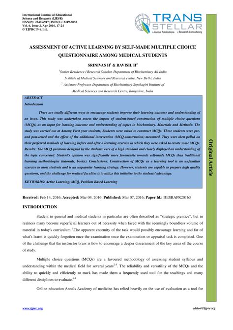 Pdf Assessment Of Active Learning By Self Made Multiple Choice