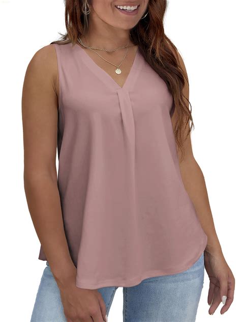 Omicgot Plus Size V Neck Blouses Tunics Sleeveless Tops For Women Pink