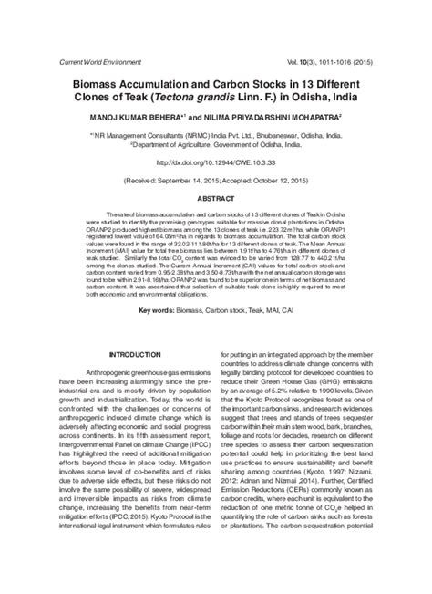 Pdf Biomass Accumulation And Carbon Stocks In 13 Different Clones Of