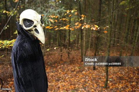 할로윈 휴일 개념 두개골 까마귀 의상 가을 숲에서 무서운 새 공포와 두려움 흰 새 두개골 마스크와 검은 망토에 남자 가을 휴일