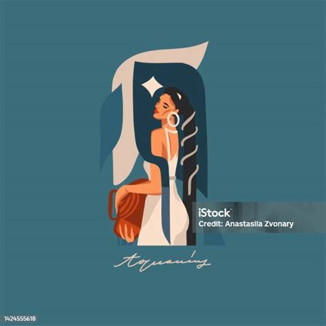 손으로 그린 벡터 추상 그래픽 점성술 일러스트 레이 션 현대 예술적 현대 템플릿 보호 조디악 기호 Aquariuszodiac 성인 여성 캐릭터 디자인 패션 마술 상징 개념