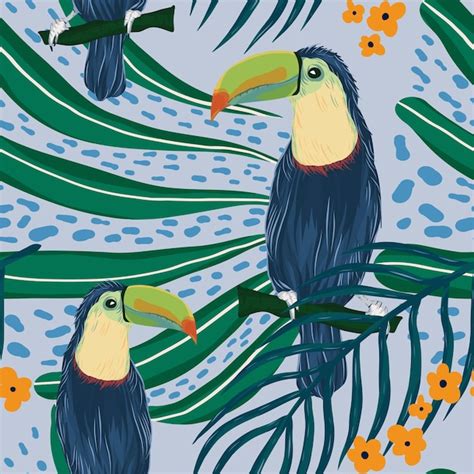 Premium Vector Hand Drawn Toucan Bird And Tropical Leaves Pattern