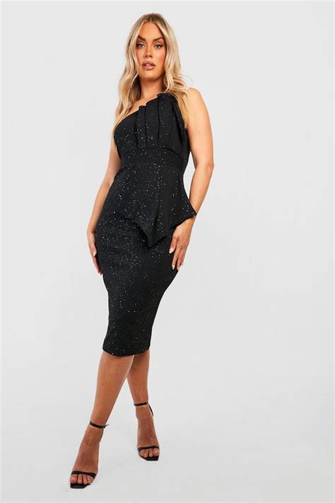 Womens Plus Metallic Asymmetric Ruffle Detail Midi Dress Boohoo Uk