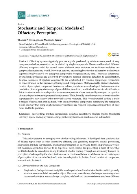 Pdf Stochastic And Temporal Models Of Olfactory Perception