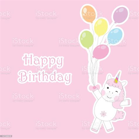 생일 축 하 카드 귀여운 유니콘은 다채로운 풍선 생일 인사말 카드에 대 한 적합 한 귀여운에 대한 스톡 벡터 아트 및 기타