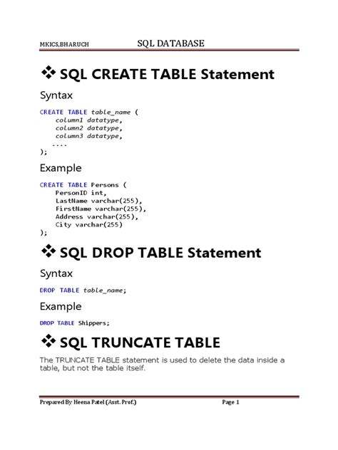 Sql Create Table Statement Syntax Pdf Table Database Databases