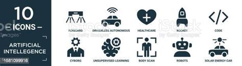 채워진 인공 지능 아이콘 세트입니다 플랫 플라이보드 무인 자율 주행 자동차 의료 로켓 코드 사이보그 비지도 학습 신체 스캔 로봇 태양 에너지 자동차 아이콘이 포함되어