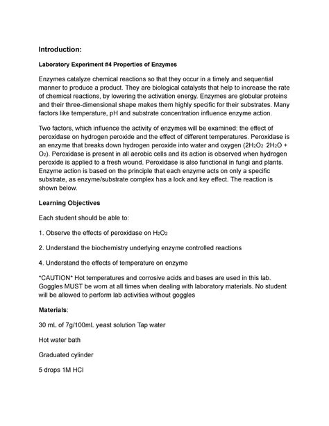 Biochem Contains An Enzyme Reaction Introduction Laboratory Experiment Properties Of