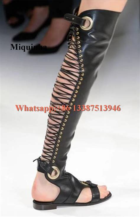 Women New Fashion Open Toe Black Leather Flat Gladiator Boots Cut Out