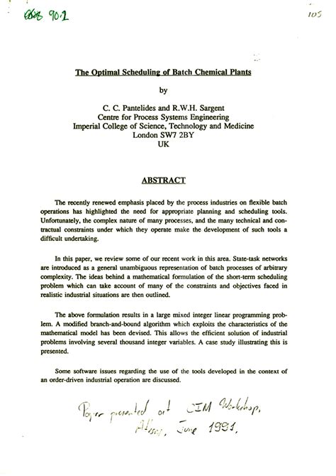 Pdf The Optimal Scheduling Of Batch Chemical Plants