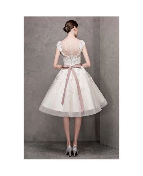Vintage Short Wedding Dresses Lace Cap Sleeves Ivory High Neck Knee Length Style With Sash