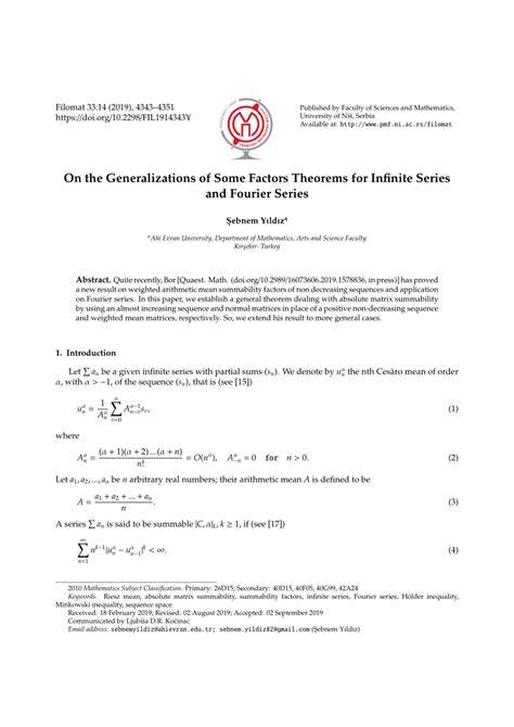 Pdf On The Generalizations Of Some Factors Theorems For Infinite Series And Fourier Series
