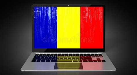 Romania Country Flag And Binary Code On Laptop Screen Stock
