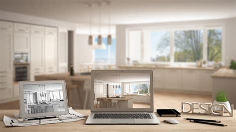 Konsep Desktop Desainer Arsitek Laptop Dan Tablet Di Meja Kerja Kayu