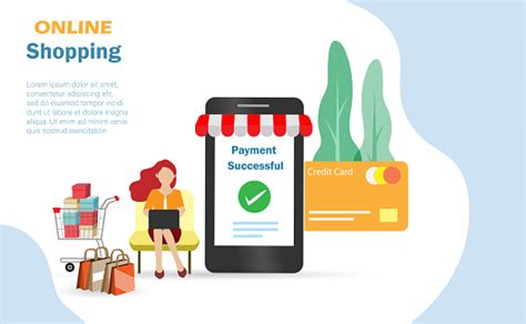 젊은 여성은 신용 카드로 모바일 응용 프로그램에서 온라인 쇼핑을 즐길 수 있습니다 쇼핑 카트와 쇼핑백을 제쳐두고 가방에 대한 스톡 벡터 아트 및 기타 이미지 Istock