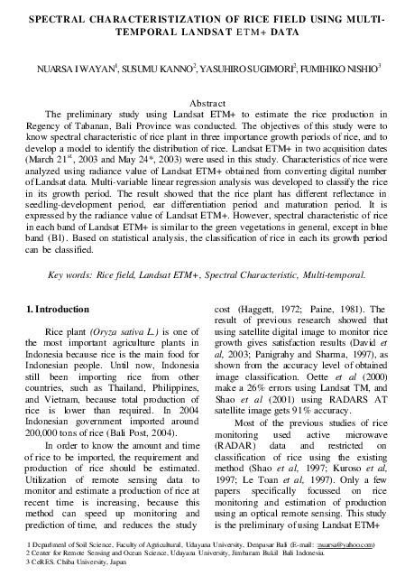 Pdf Spectral Characteristization Of Rice Field Using Multitemporal Landsat Etm Data