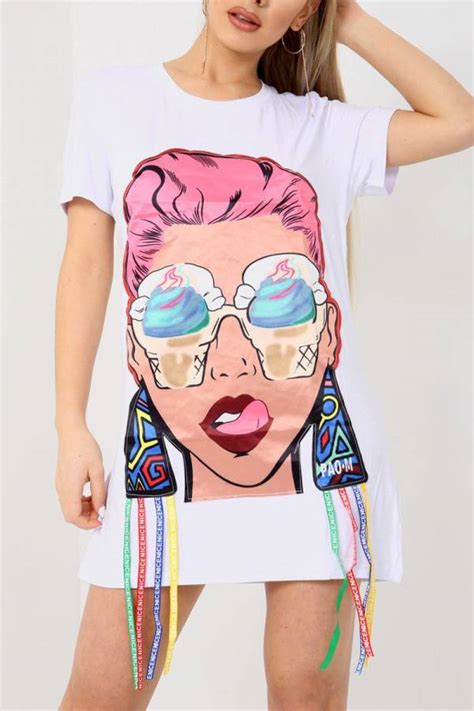 Tricou Oversized Cu Imprimeu Si Detalii Franjurate Ice Cream White
