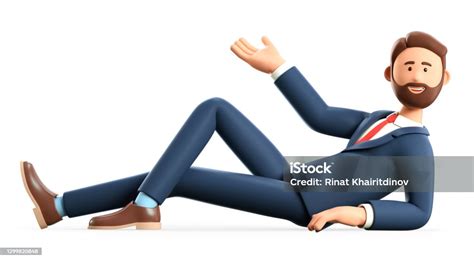 바닥에 누워 행복한 수염 남자의 3d 그림 흰색에 고립 된 전체 길이 가리키는 손에 귀여운 만화 미소 사업가 3차원 형태에 대한