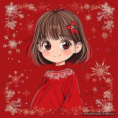 Ai创作图红衣女孩 雪花 节日 装饰 蝴蝶结 红发饰 卡通 插画 冬季 庆典 喜庆 童趣 女孩形象 花纹 红背景 昵图网