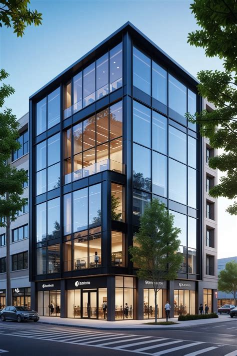 AI元技能 拟建项目的效果图显示了一座三层的商业建筑采用玻璃幕墙头两层是商店而第三层是办公室该建筑具有现代风格线条简洁极简主义