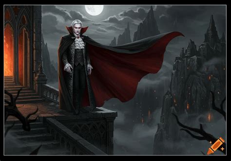 A White Haired Vampire With Glowing Red Eyes In A Black And Red Cloak