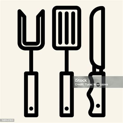바베큐 그릴 칼 붙이 라인 아이콘입니다 구이 기구 기호 베이지색 배경에 윤곽선 스타일 픽토그램 정육점 칼 포크 및 주걱은 모바일