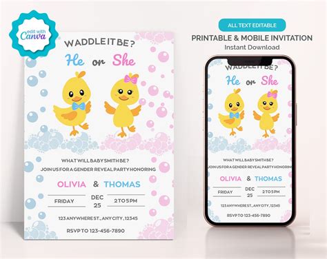 Duck Waddle It Be Gender Reveal Invitation Waddle It Be Invitation He
