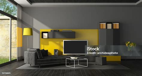 검정색과 노란색 거실 Tv 세트 노랑에 대한 스톡 사진 및 기타 이미지 노랑 가구 회색 Istock