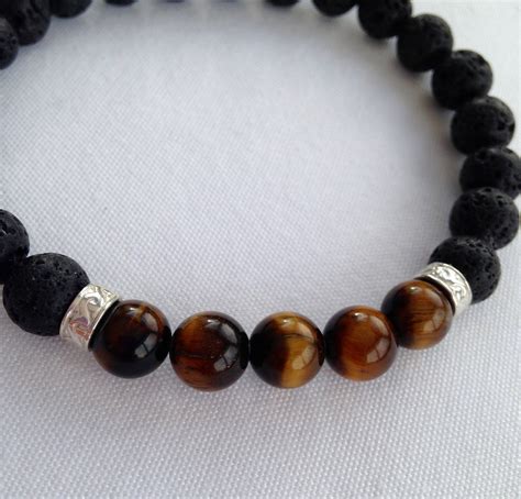Mens Lava And Tigers Eye Bracelet With Sterling Silver Etsy