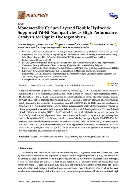 Pdf Monometallic Cerium Layered Double Hydroxide Supported Pd Ni Nanoparticles As High