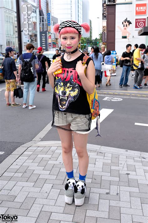 Pink Twintails Lego Earrings Sheer Top And Panda Platforms In Harajuku