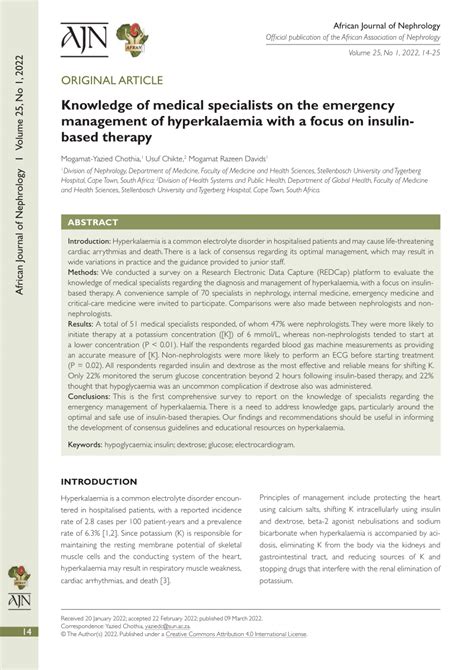 Pdf Knowledge Of Medical Specialists On The Emergency Management Of Hyperkalaemia With A Focus